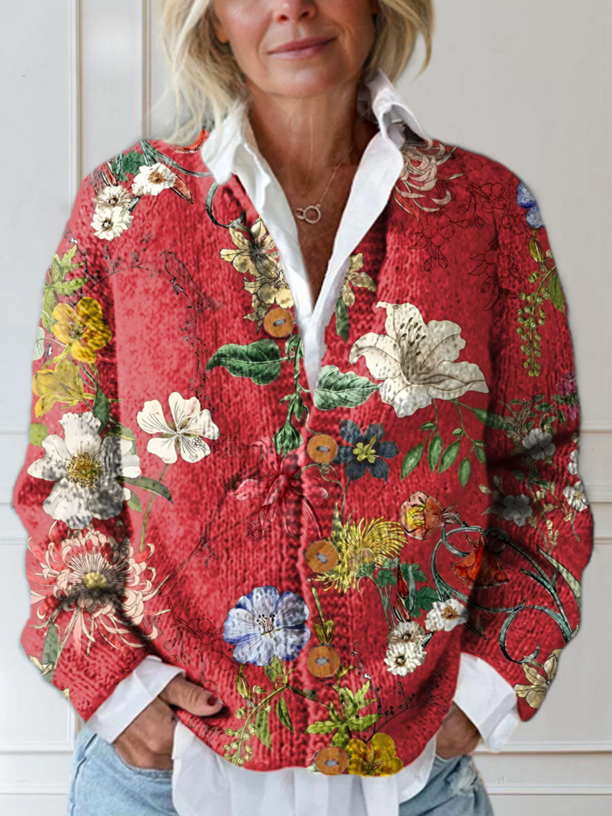 Women's Vintage Floral Art Print Buttoned Cardigan Sweater – Emma ...